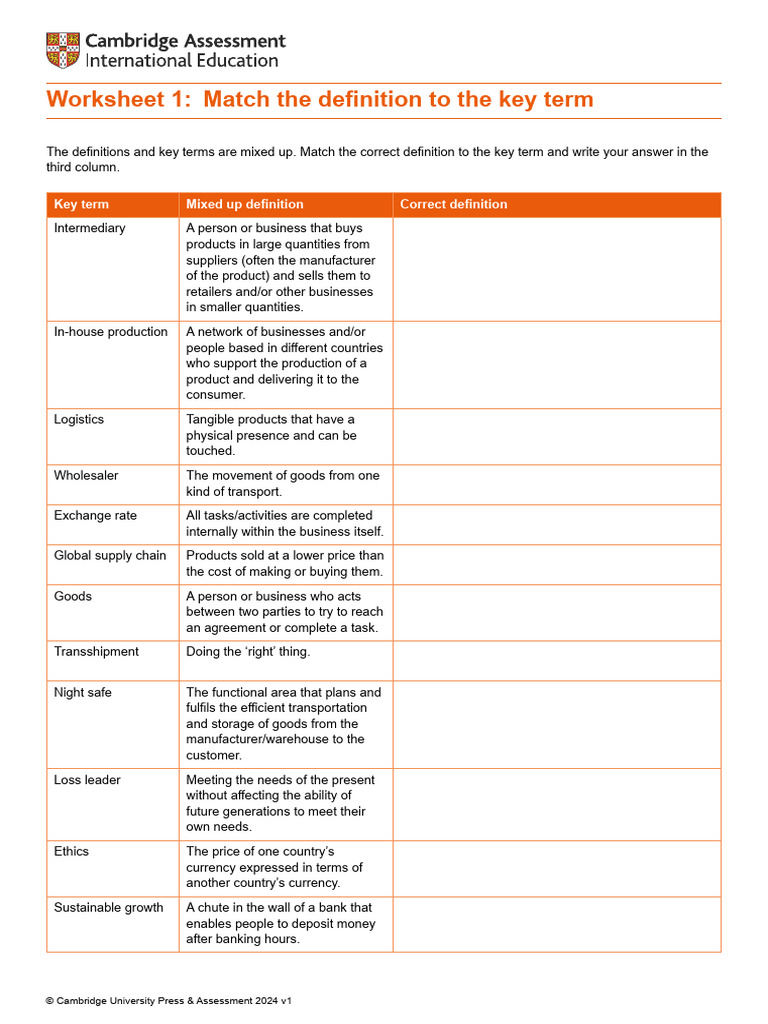 AO1 Worksheet 1 Match The Definition To The Key Term | PDF | Goods | Supply Chain
