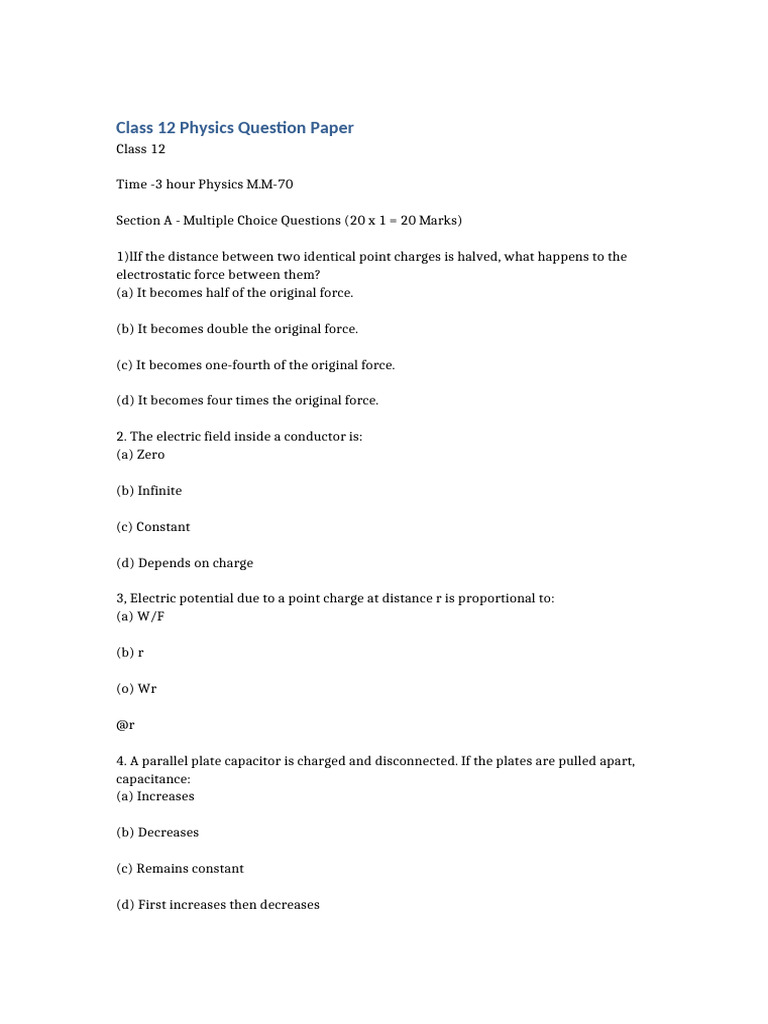 Class 12 Physics MCQ Question Paper | PDF