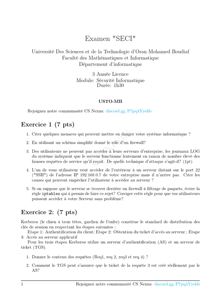 Examen de Sécurité Informatique USTO-MB | PDF | Public-key cryptography ...