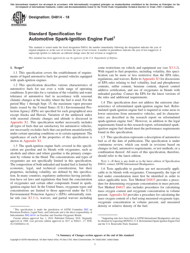 ASTM D4814-18 Especificaciones para Gasolina | PDF | Gasoline ...