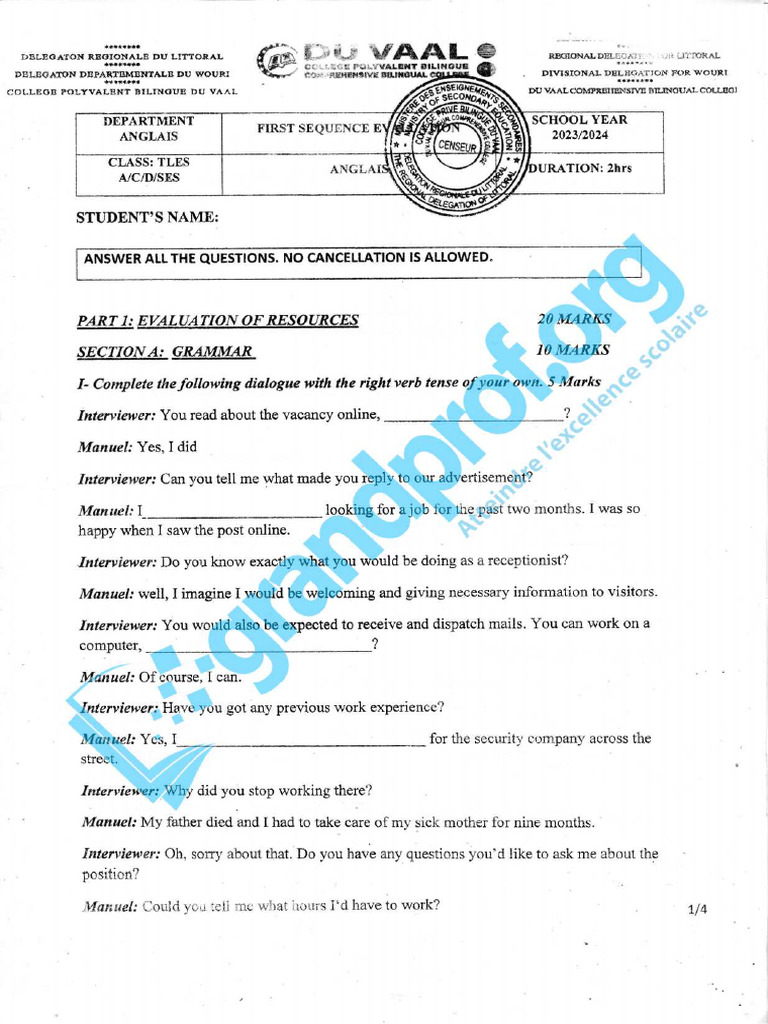 Anglais TleACD Evaluation1 College DU VAAL 2023 2024 | PDF