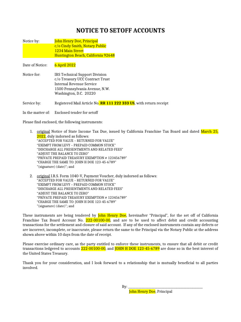 Notice To Setoff Accounts | PDF | Internal Revenue Service | Taxes