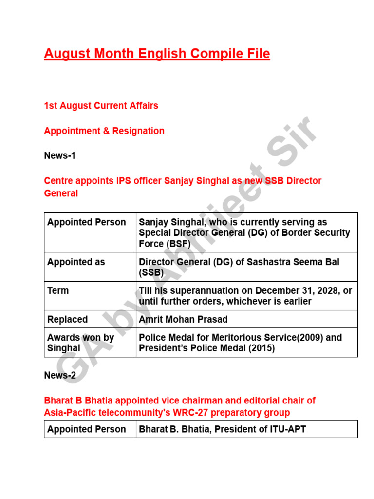 August Current Affairs Summary | PDF