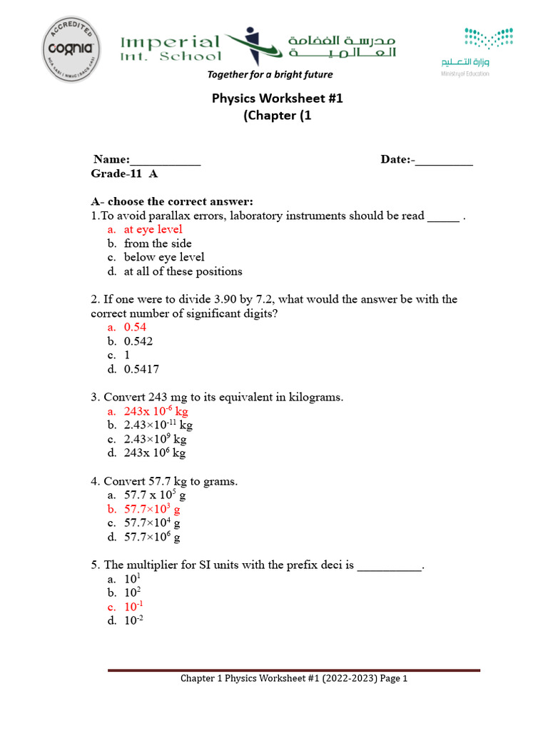 Physics (G12) Worksheet CH1 Answer Key.docx (1) | PDF | Measurement ...