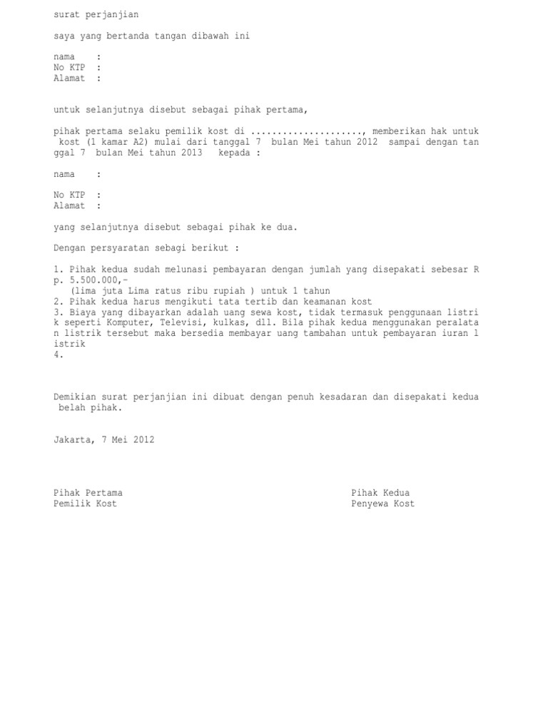 Contoh Perjanjian Kost 1 Tahun | PDF