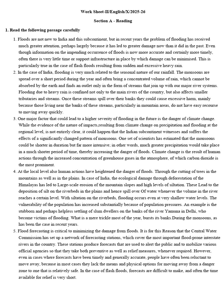 Work Sheet-2 Class 10 English | PDF | Flood | Rain