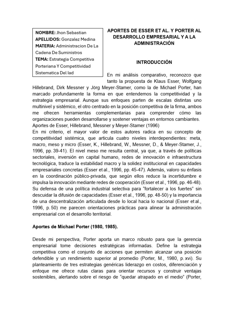 Aportes de Esser y Porter (Jhon Gonzalez) | PDF | Cadena de valor ...
