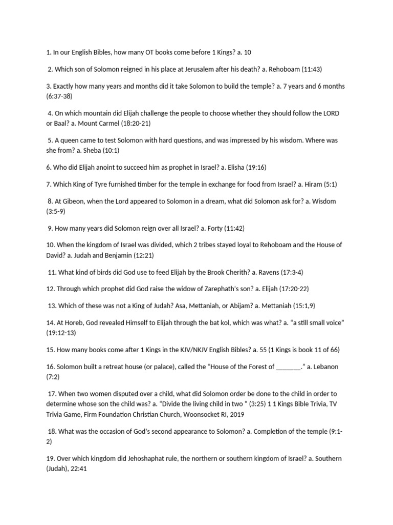 Quiz | PDF | Books Of Kings | Elijah