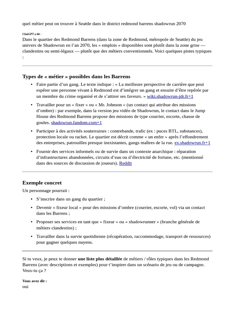 Métiers dans les Redmond Barrens, Seattle 2070 | PDF