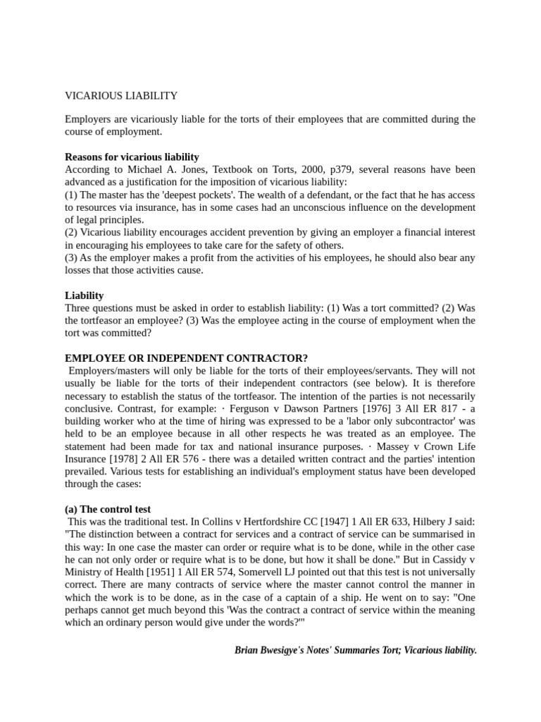 Notes' Summaries Vicarious Liability | PDF | Legal Liability ...