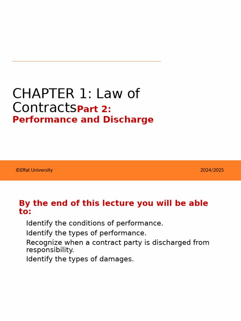 Contract Performance and Discharge Overview | PDF | Damages | Civil Law ...