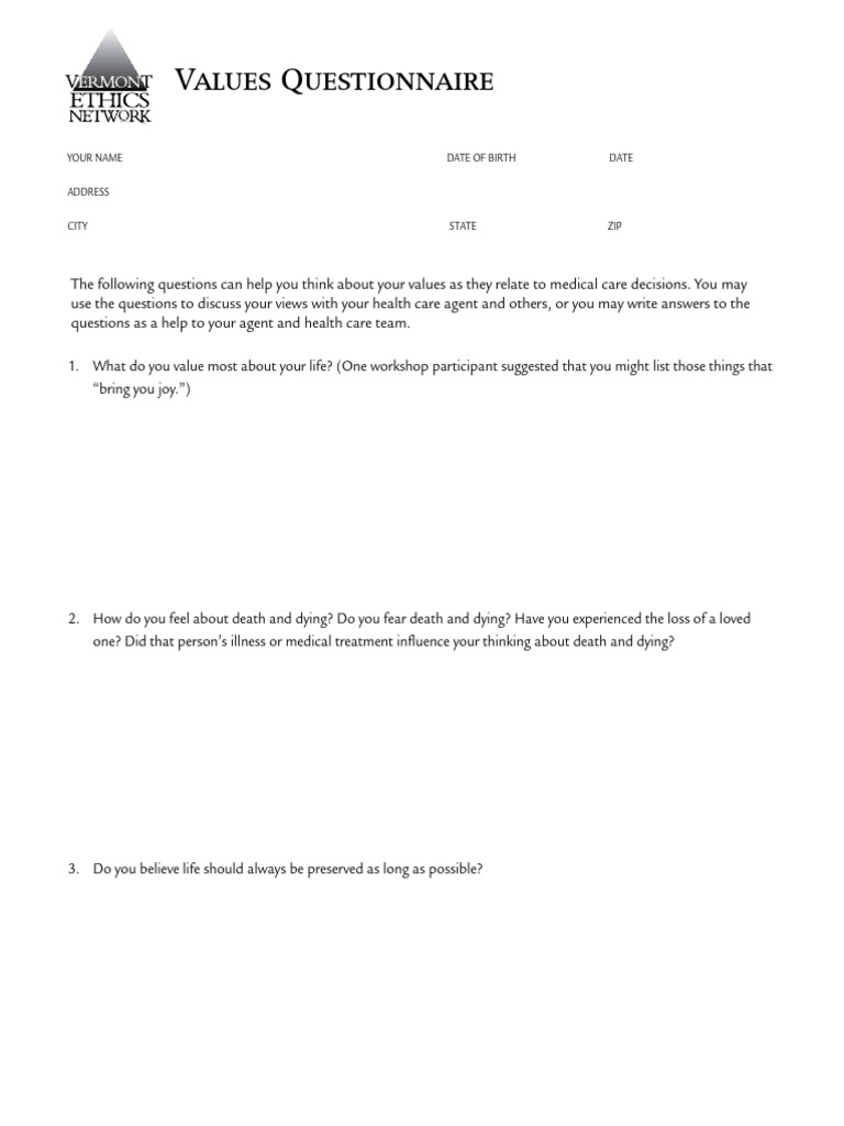 Medical Values Questionnaire for Care Decisions | PDF | Death | End Of ...