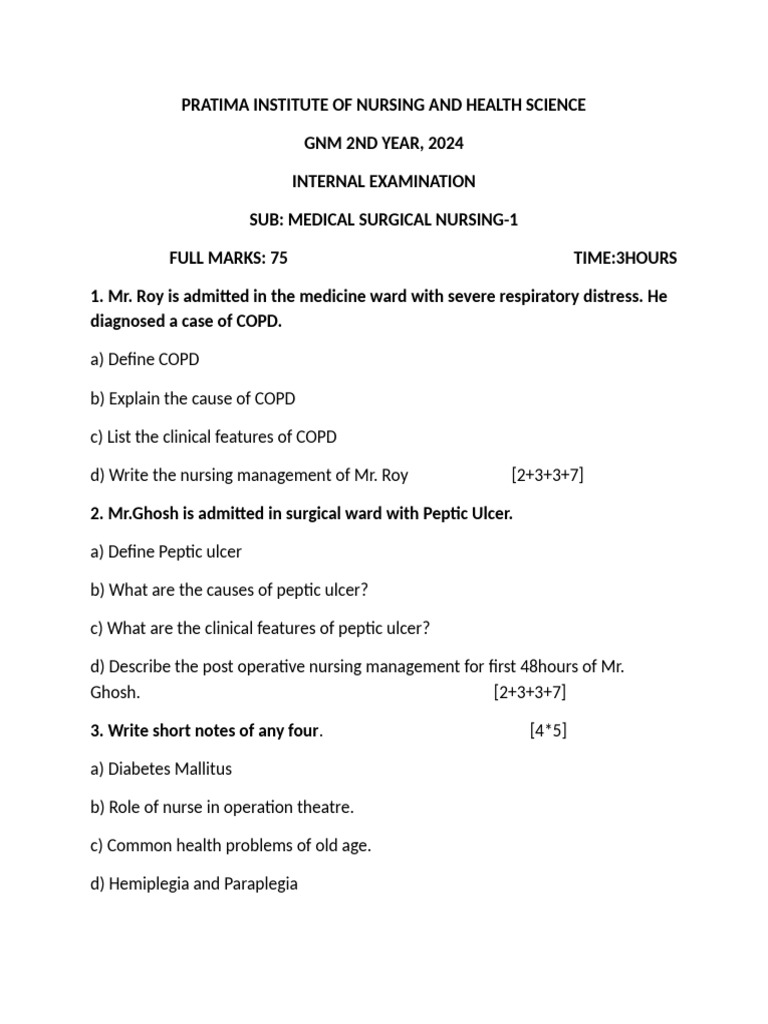 GNM 2nd Year Medical Surgical Exam 2024 | PDF
