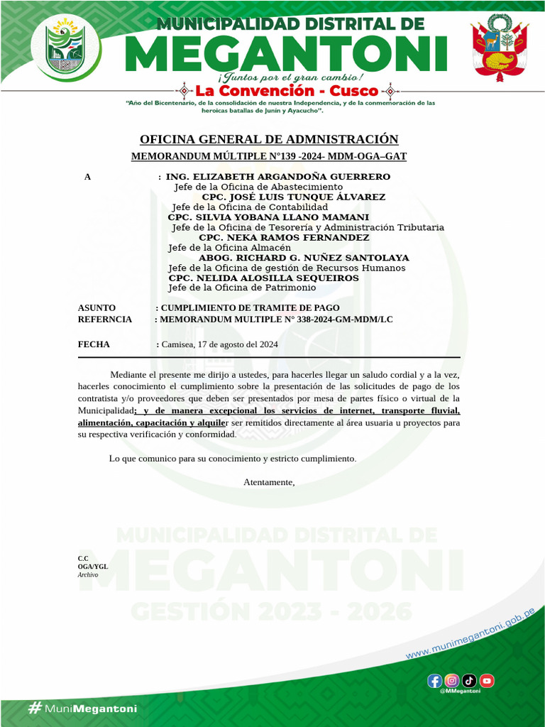 Memo Multiple #139-2024 - Sobre Conformidad de Pago | PDF