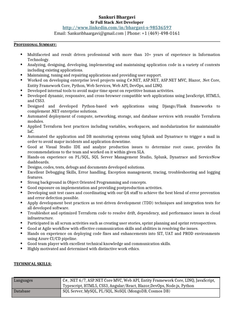 Bhargavi .Net Resume | PDF | Entity Framework | Microsoft Sql Server