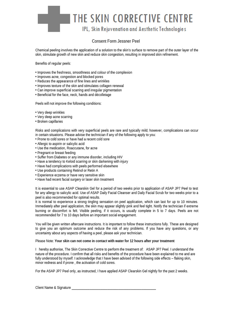 Jessner Peel Consent Form | PDF | Scar | Skin