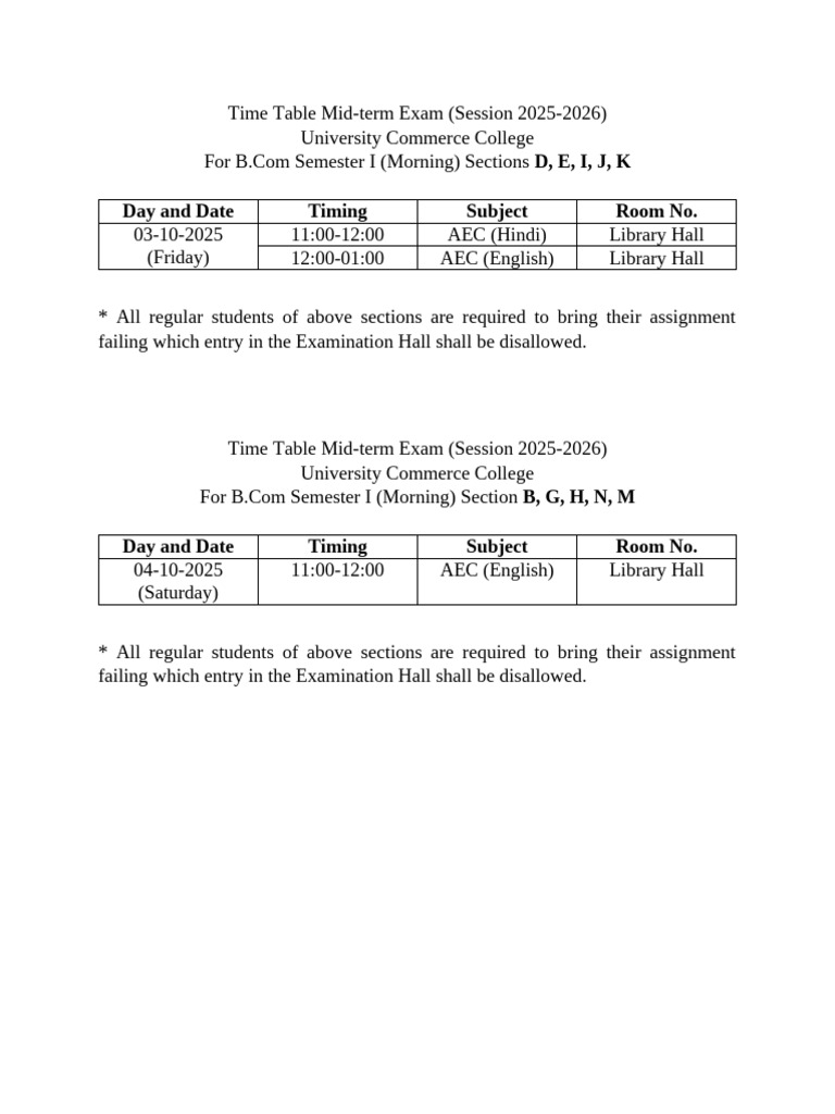 Time Table (Hindi and English) | PDF