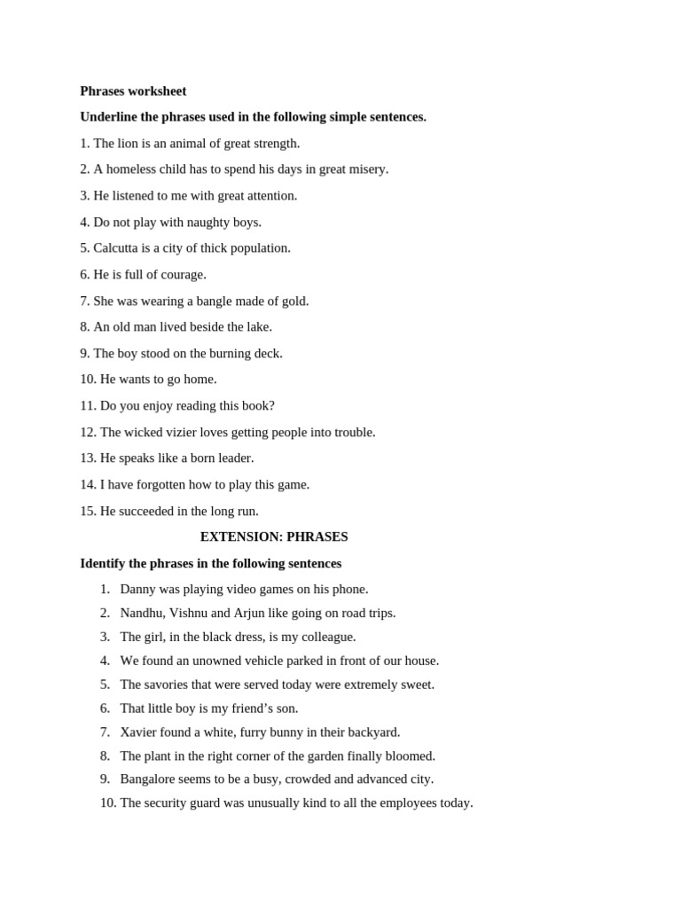 Phrases Worksheet Year 8north | PDF
