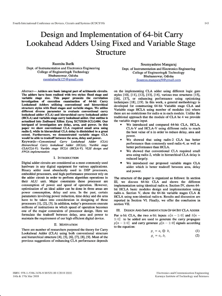 Design and Implementation of 64-Bit Carry Lookahead Adders Using Fixed ...