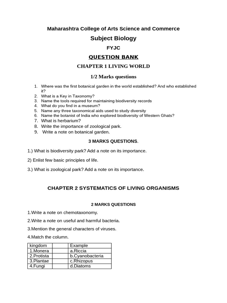 Maharashtra FYJC Biology Question Bank | PDF | Muscle | Tissue (Biology)