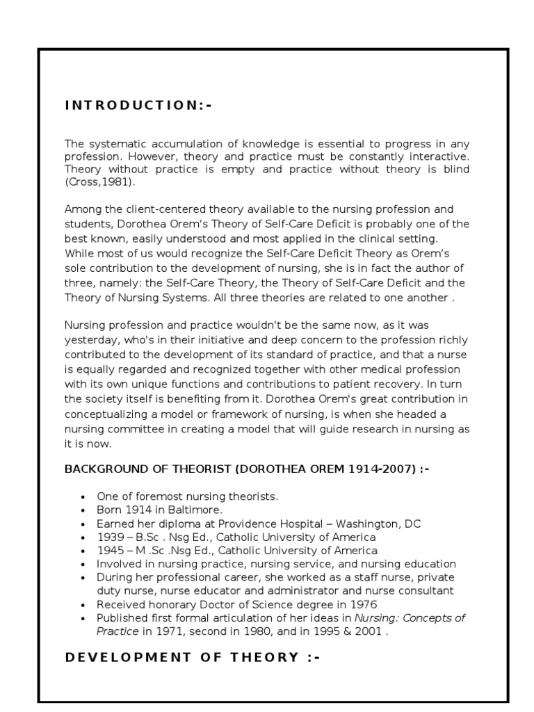 Introduction:-: Background of Theorist (Dorothea Orem 1914-2007) | PDF ...
