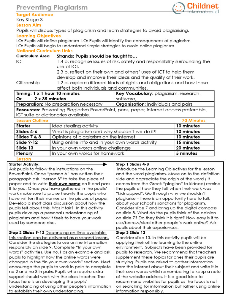 Childnet Plagiarism Lesson Plan | PDF | Plagiarism | Learning