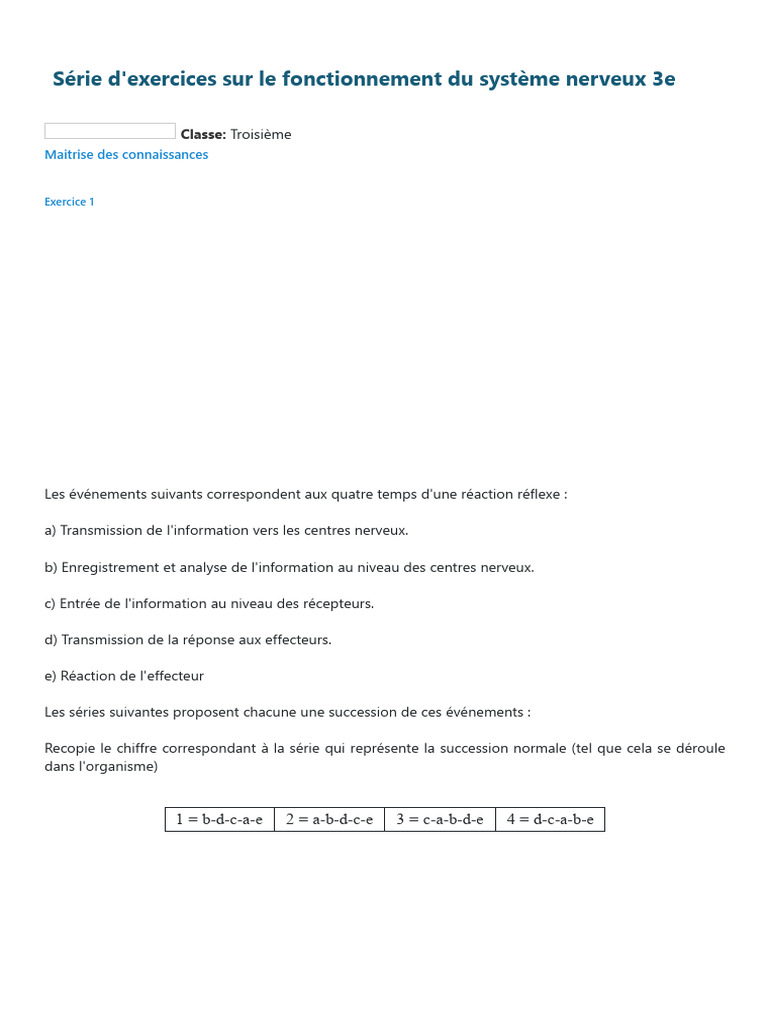 Série D'exercices Sur Le Fonctionnement Du Système Nerveux 3e ...