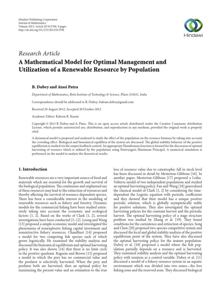 A Mathematical Model For Optimal Management and Utilization of A ...