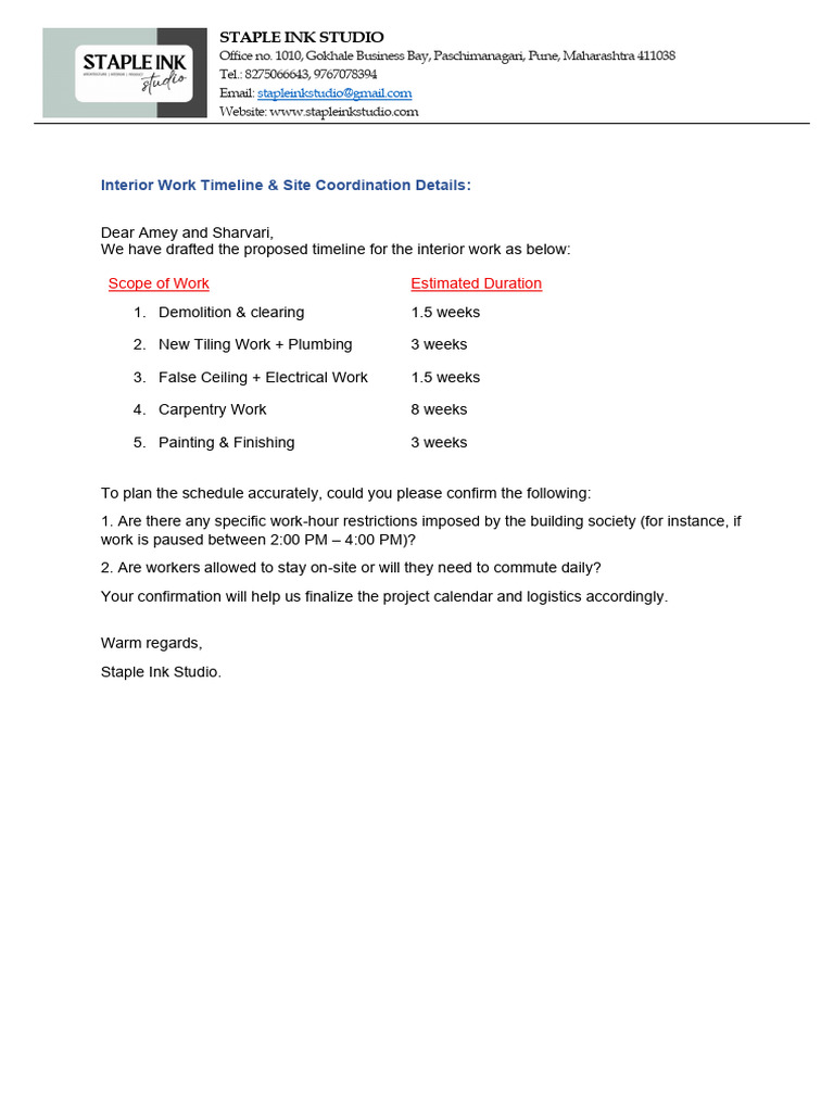 Interior Work Timeline StapleInkStudio | PDF