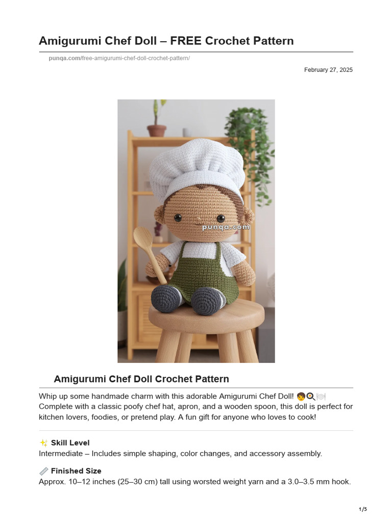 Free Amigurumi Chef Doll Pattern | PDF | Crochet | Embroidery