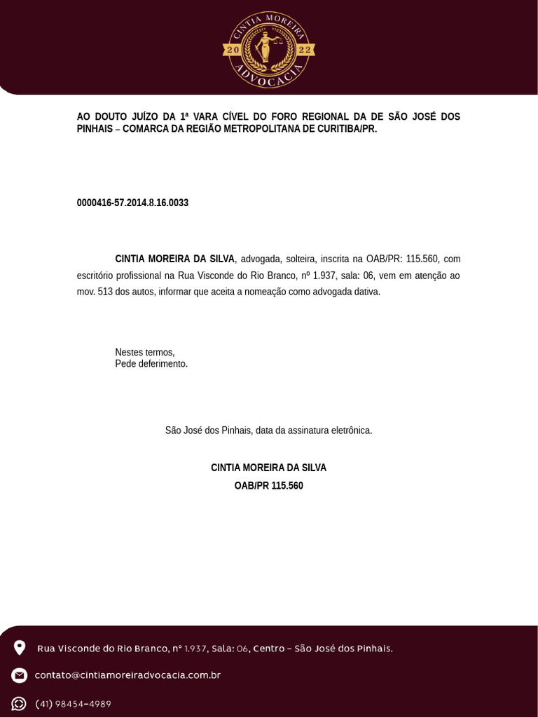 Aceitação de Nomeação como Advogada Dativa | PDF