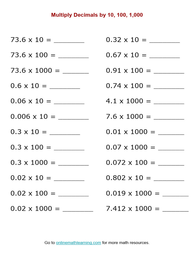 Multiply Decimals by 10, 100, 1000 | PDF
