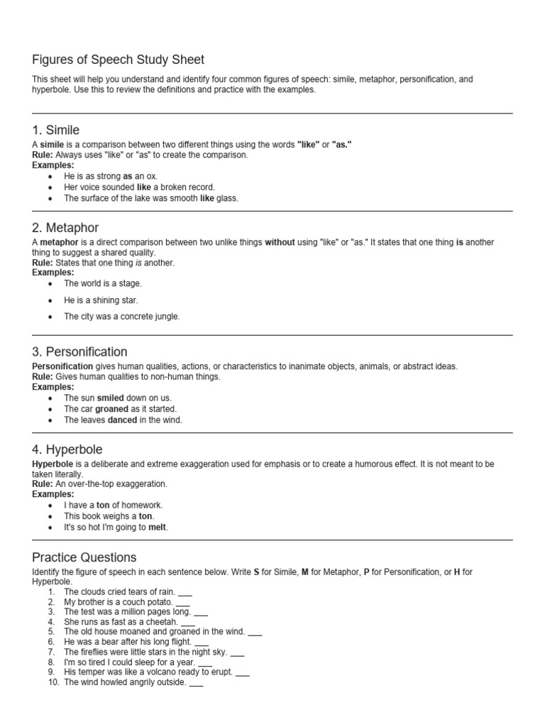 Figures of Speech Study Guide | PDF