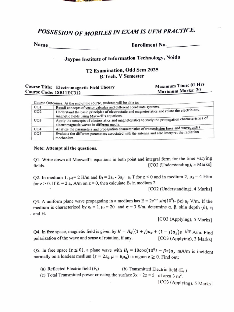 EMFT T2 SOLN (1) (4) | PDF | Waves | Electromagnetic Radiation