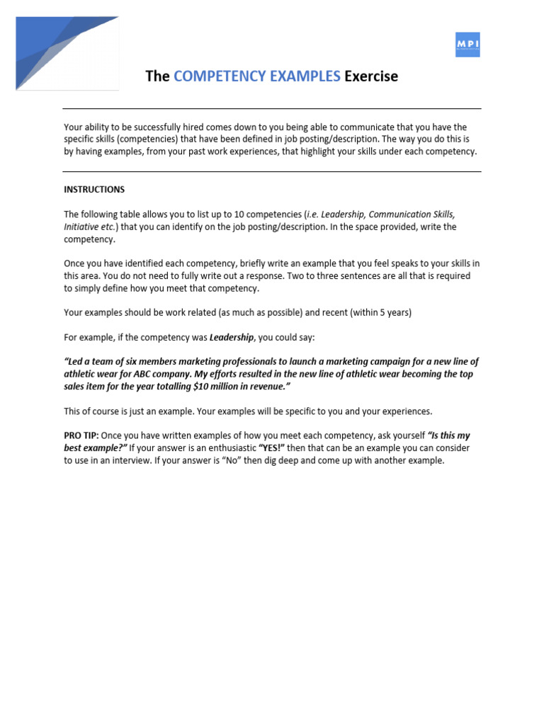 The Exercise: Competency Examples | PDF