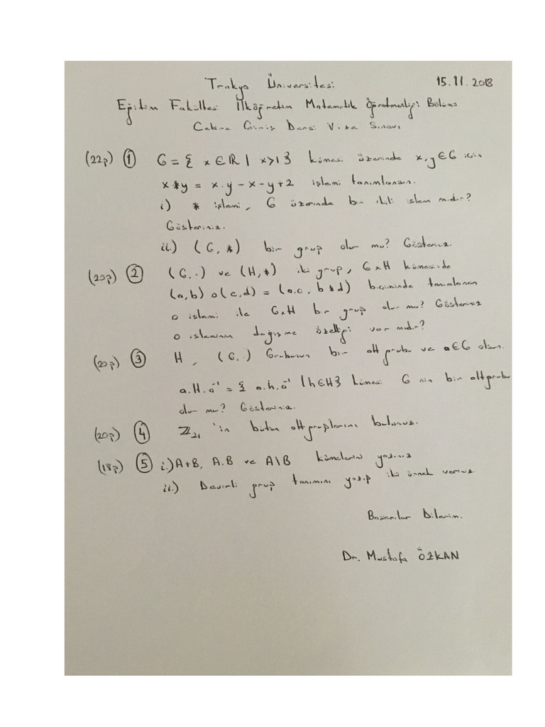 1 Cebire Giris Dersi Vize Sinav Sorulari | PDF