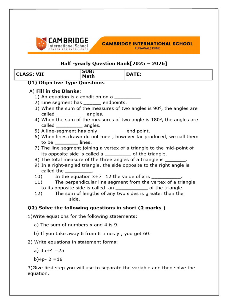 Grade7 Math Question Bank.1757418564 | PDF | Triangle | Angle