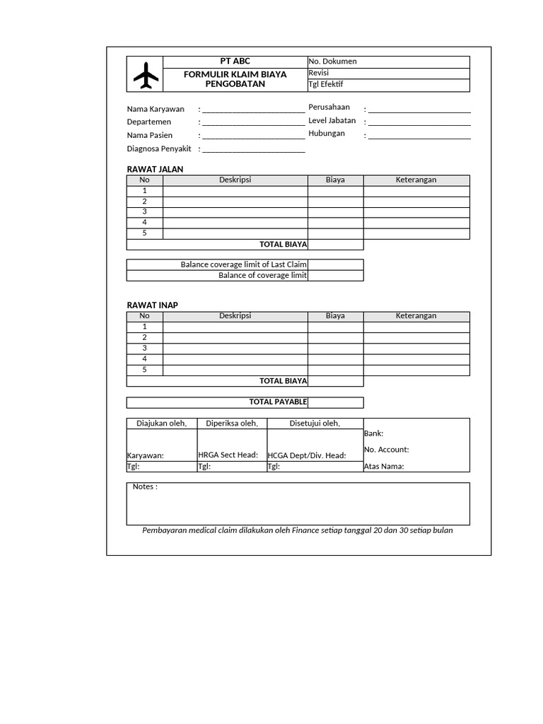 Form Klaim Biaya Pengobatan Karyawan | PDF