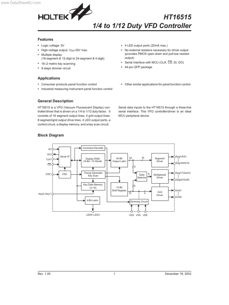HT16515 VFD Controller Specifications | PDF | Power Supply | Electricity