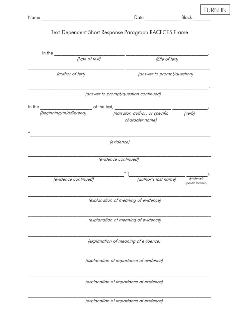 2025-2026 S1 EII Text-Dependent Short Response Paragraph RACECES Frame ...