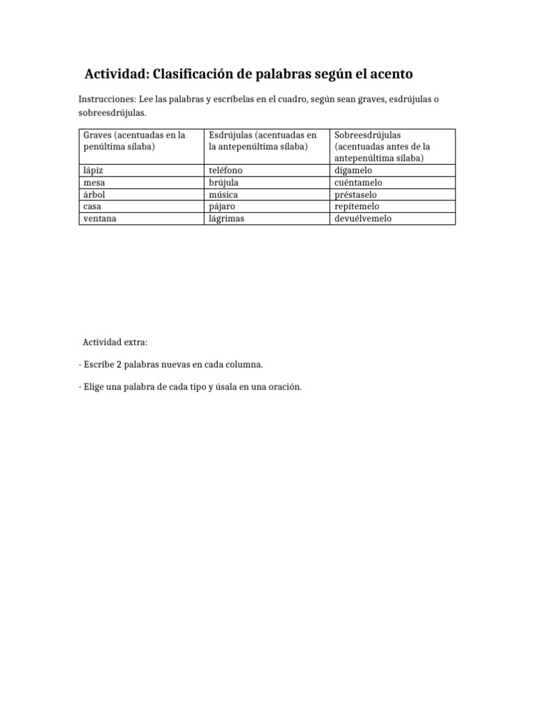 Actividad Palabras Según El Acento | PDF