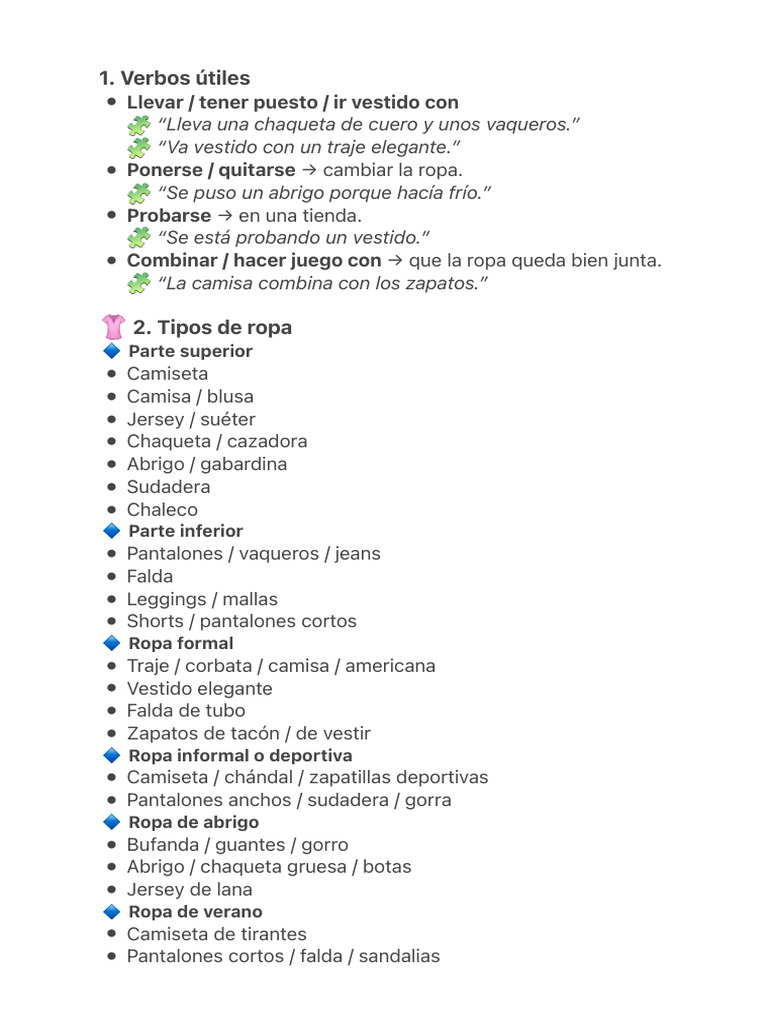 Verbos y vocabulario de ropa | PDF | Ropa | Bufanda