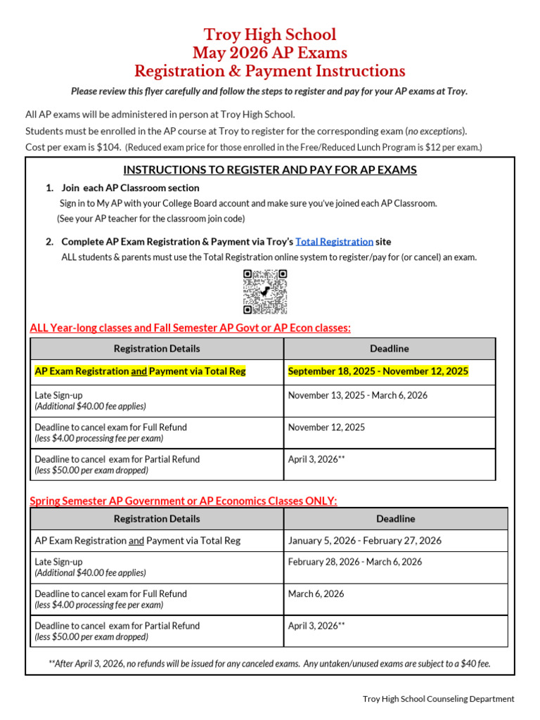 Troy High School AP Exam Registration 2026 | PDF | Advanced Placement ...