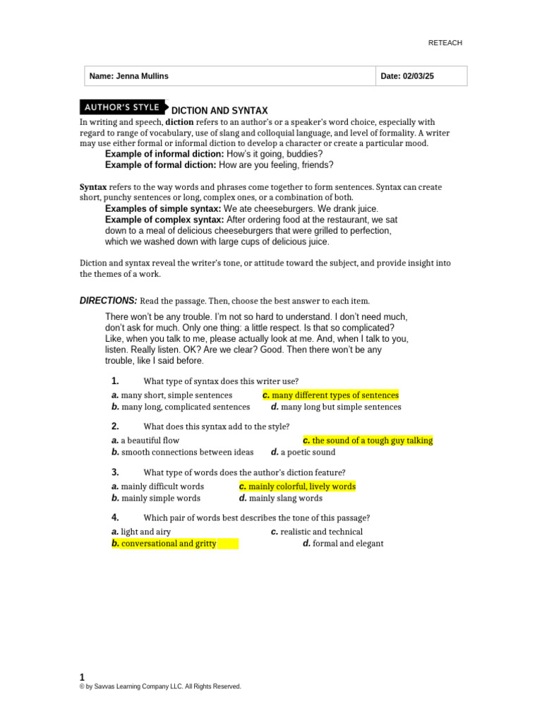 Diction and Syntax in Writing | PDF | Syntax | Language Mechanics