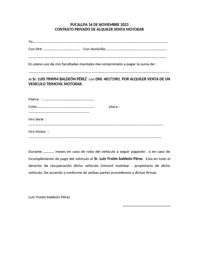 Contrato Alquiler Venta Motokar Pucallpa | PDF