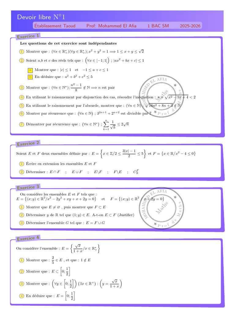 Exercices de Mathématiques BAC SM 2025-2026 | PDF | Relations ...
