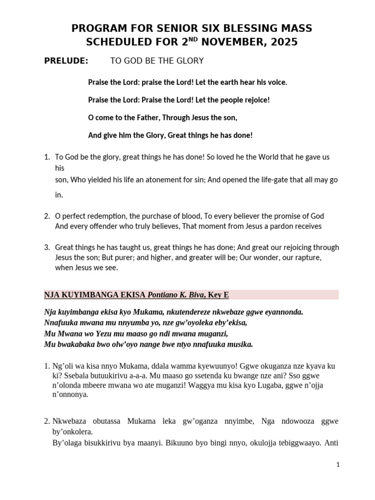Program For Senior Six Blessing Mass Scheduled For 2nd November | PDF ...
