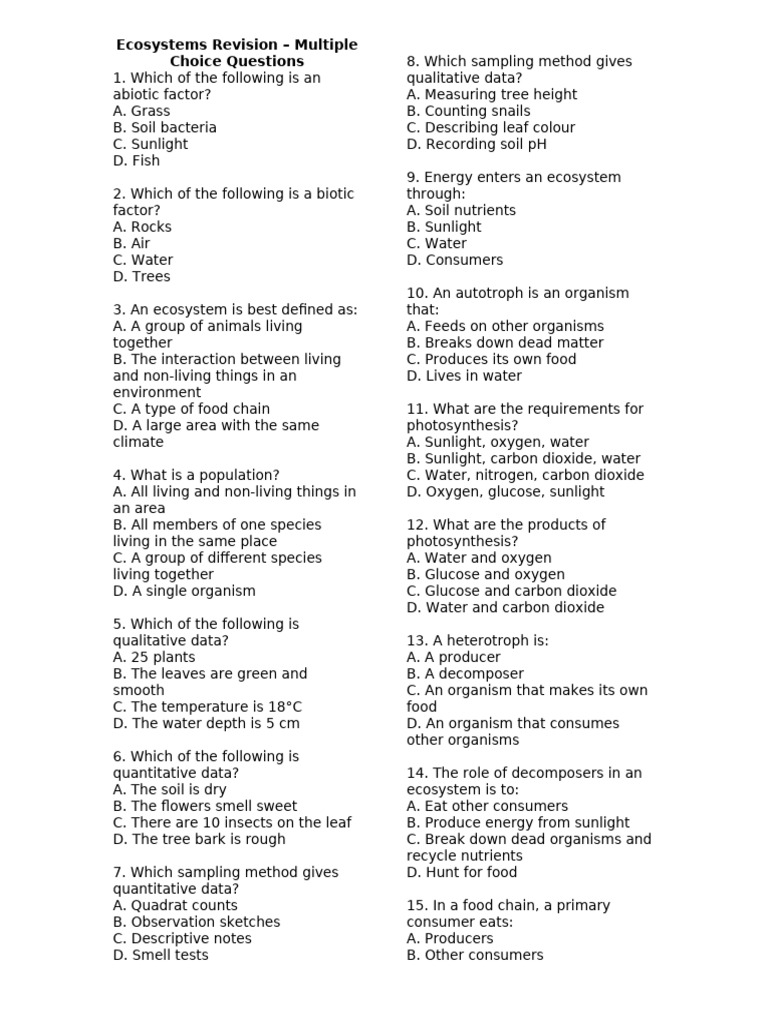 Ecosystems Revision MCQ | PDF | Ecosystem | Foods