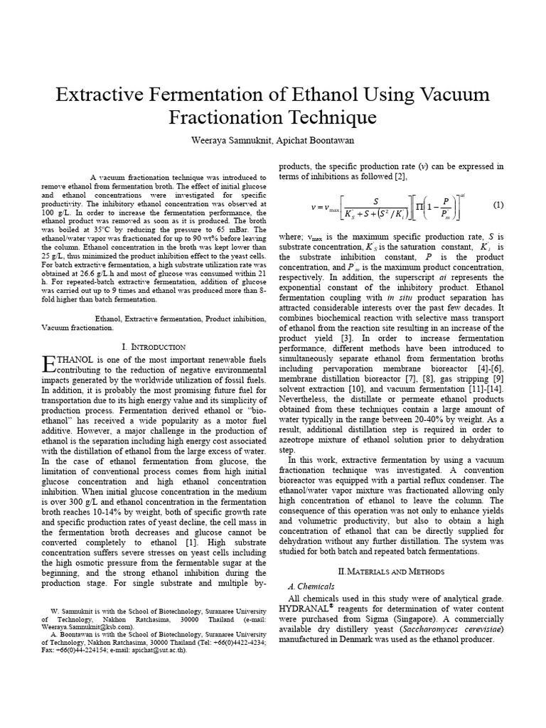 Extractive Fermentation of Ethanol Using Vacuum Fractionation Technique ...