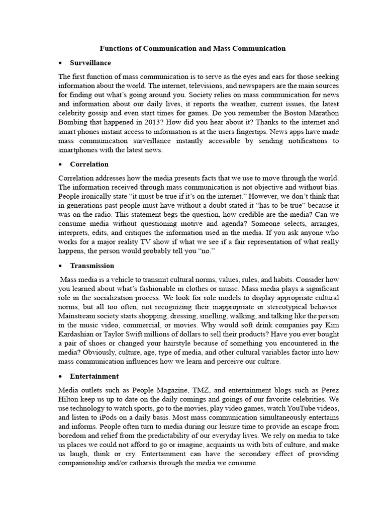 Functions of Communication and Mass Communication | PDF | Communication ...